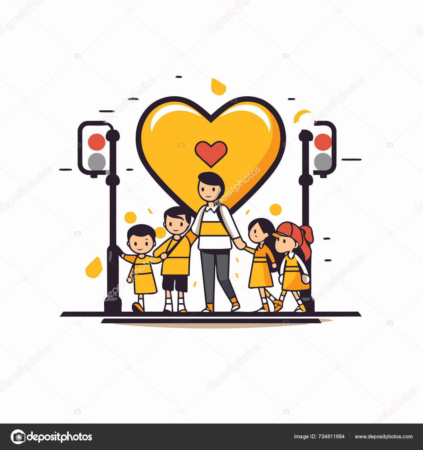 Happy Family Children Traffic Light Vector Illustration Flat Style ...