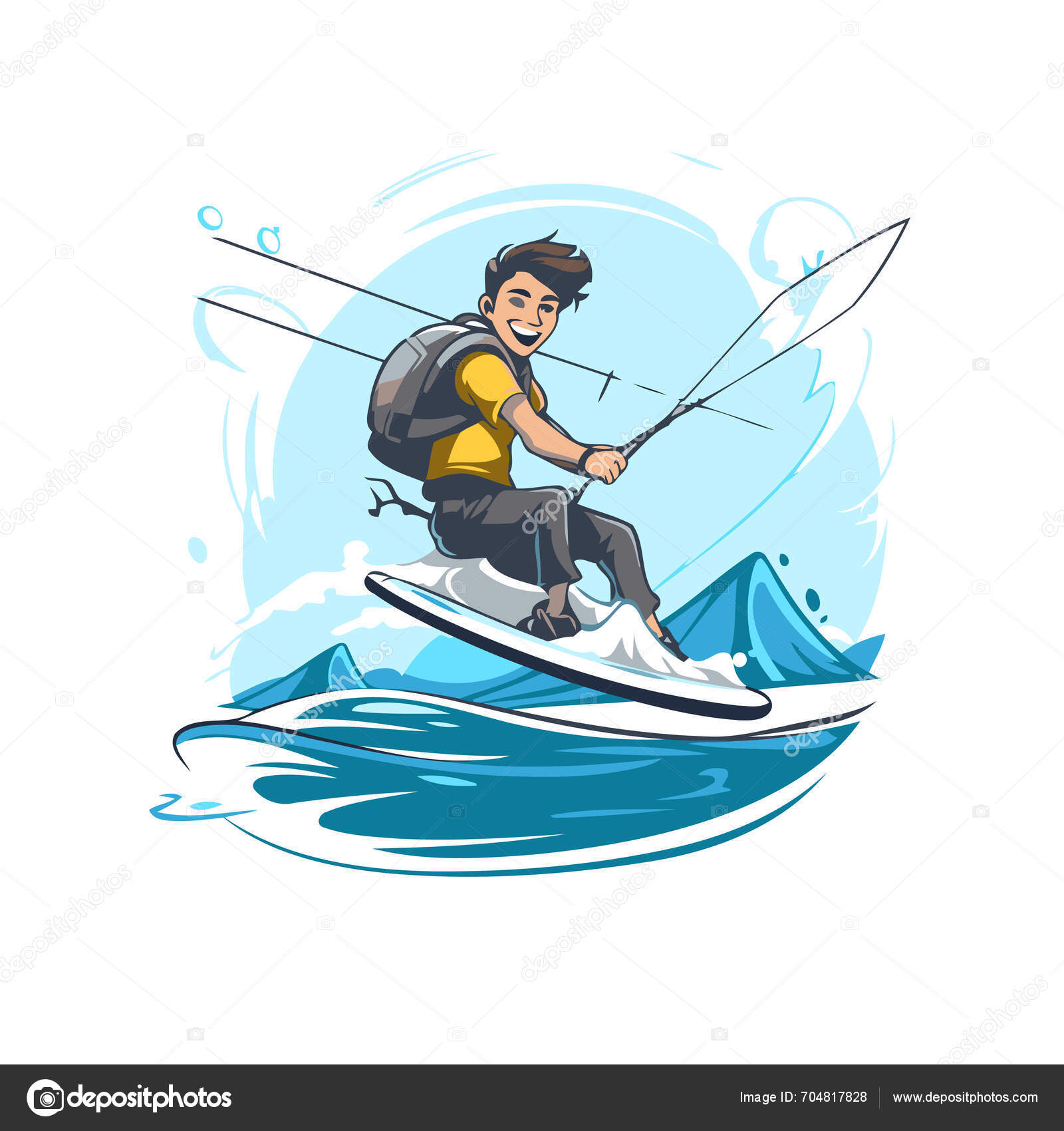 Man Wakeboarding Water Vector Illustration Young Man Surfing Waves ...