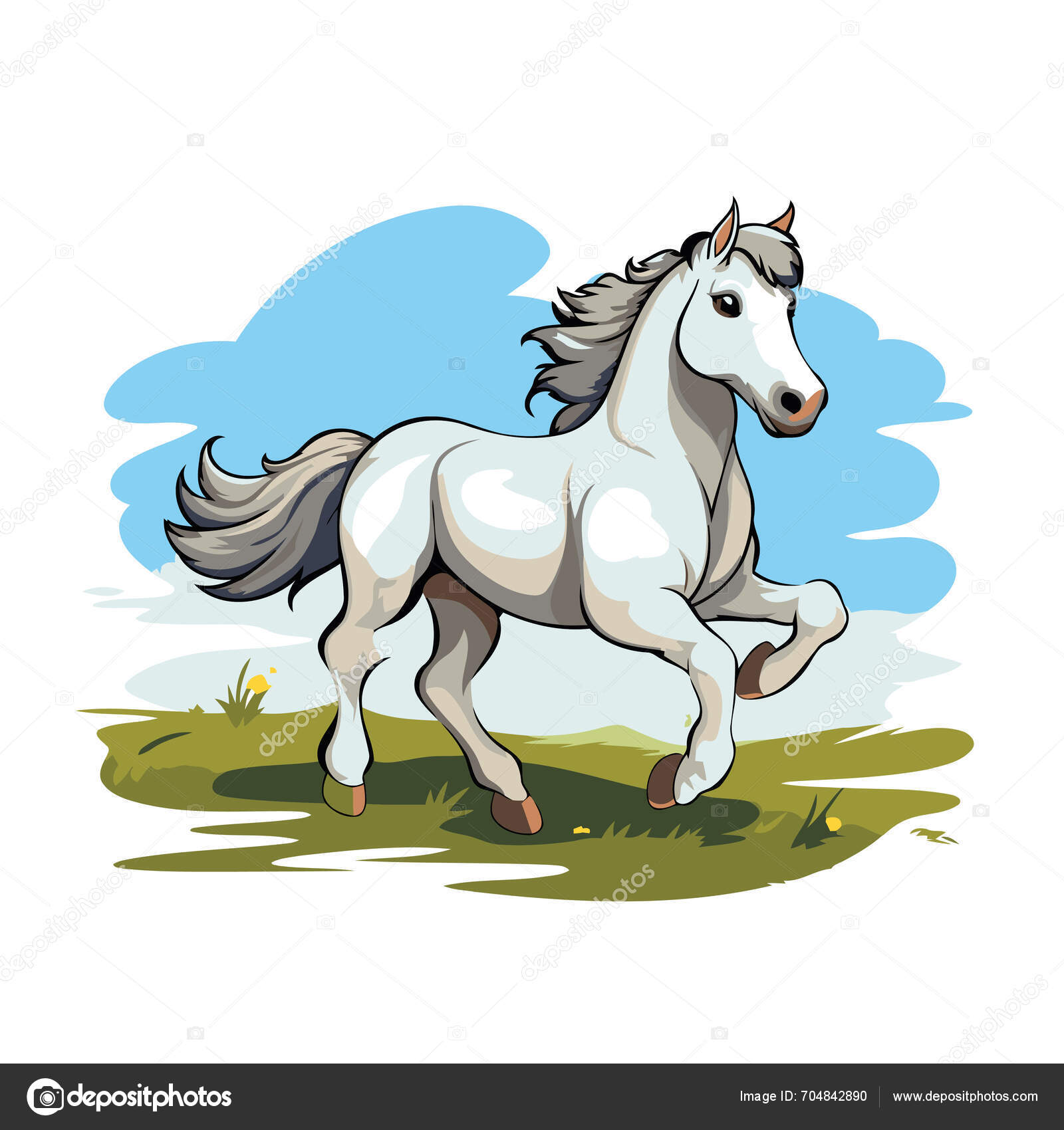 Image vectorielle Cheval Blanc Qui Court Dans Les Champs Illustration ...