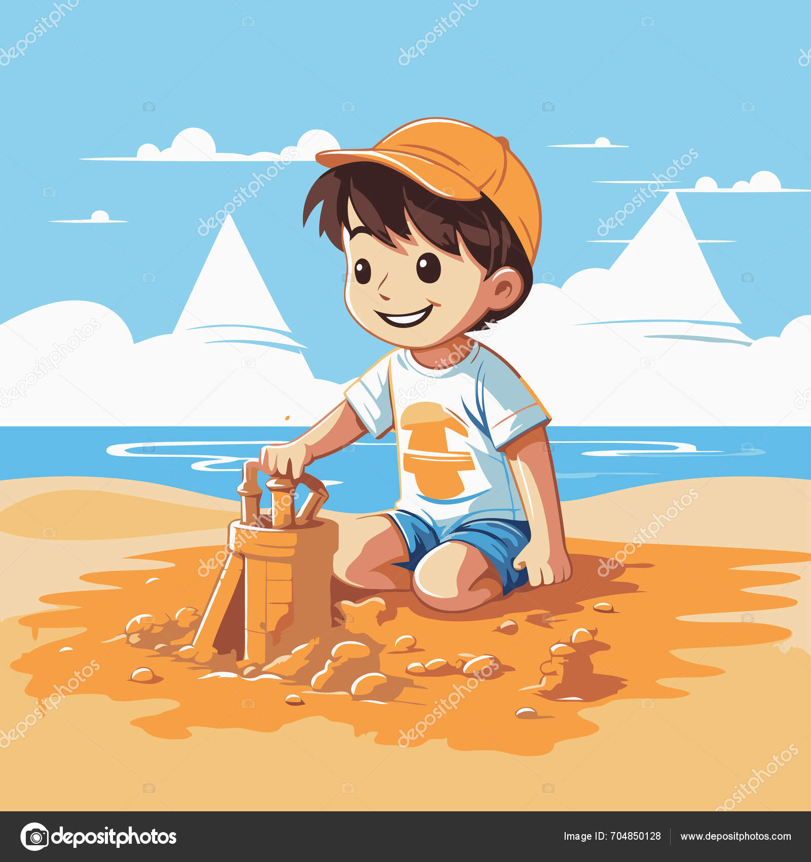 Image vectorielle Garçon Jouant Avec Sable Sur Plage Illustration ...