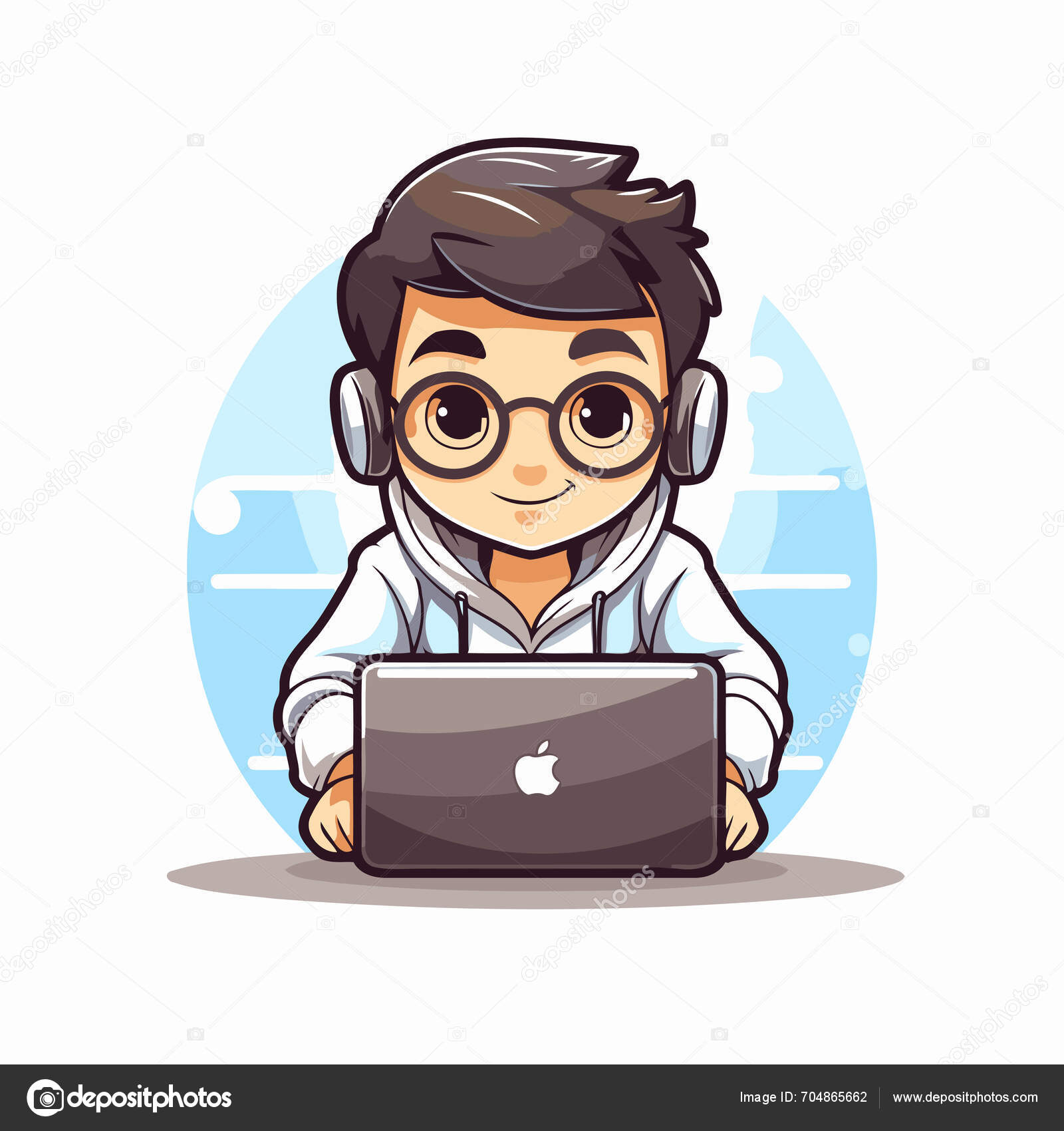 Cute Boy Headset Laptop Computer Vector Illustration Cartoon Style ...