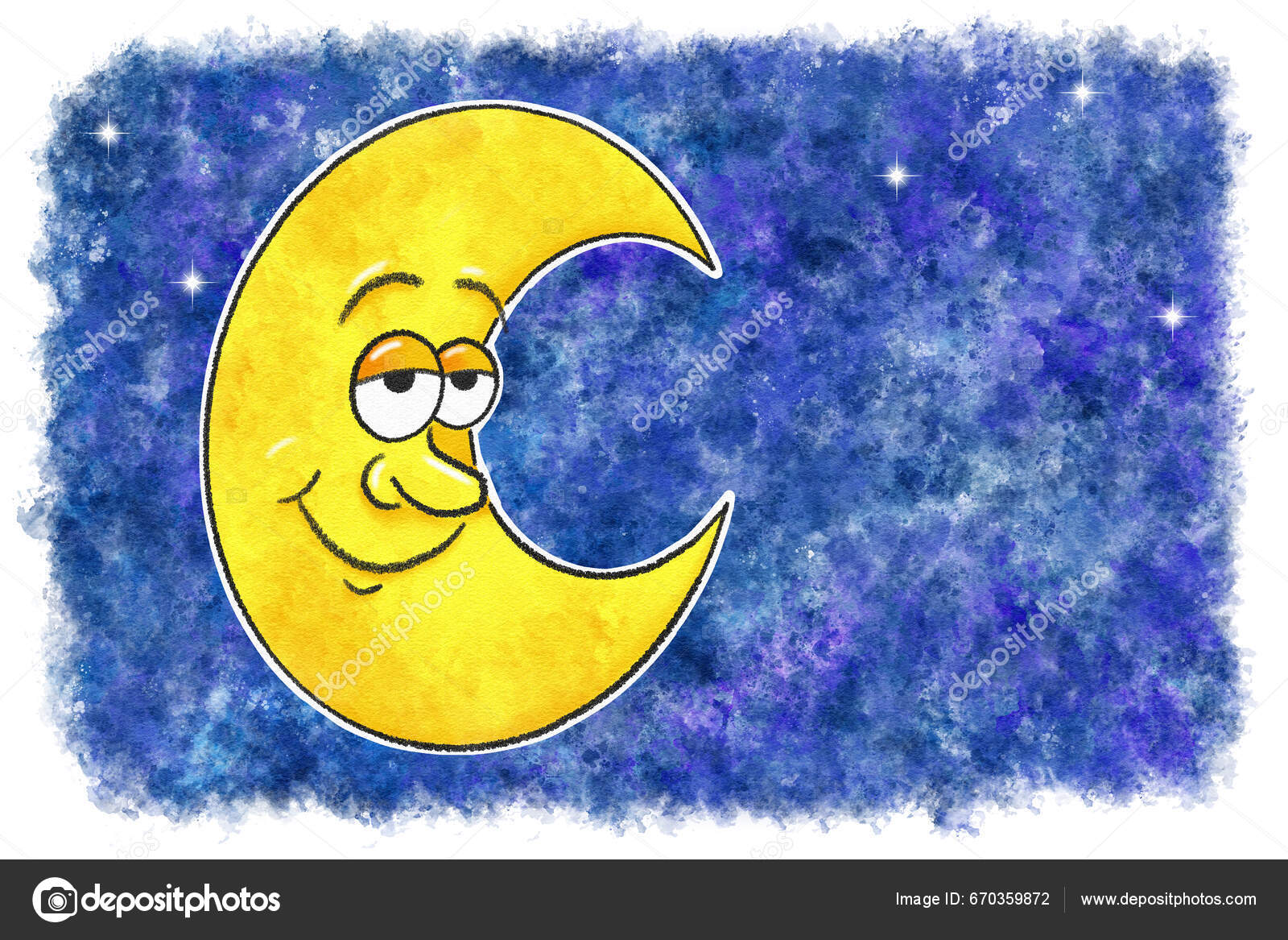 Illustration Smiling Cartoon Moon Watercolor Night Sky — Stock Photo ...