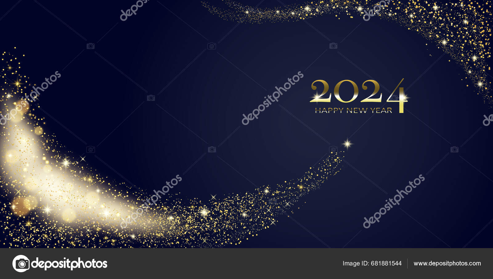 Godt Nytår 2024 Lykønskningskort Med Gylden Tekst Skinnende Stjernestøv ...