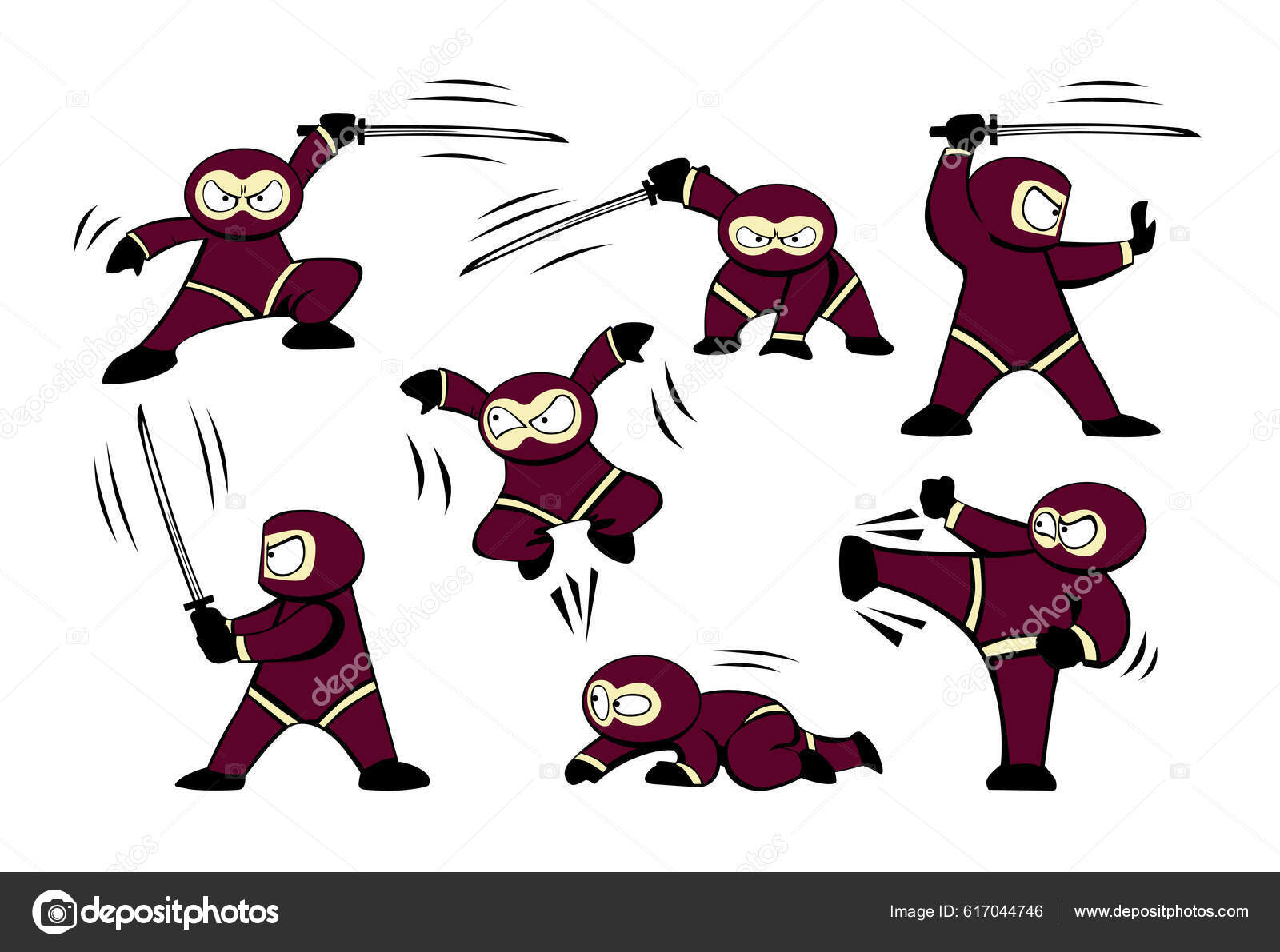 Kartun Lucu Ninja Kecil Dengan Pedang Katana Pose Bertarung Yang Vektor ...