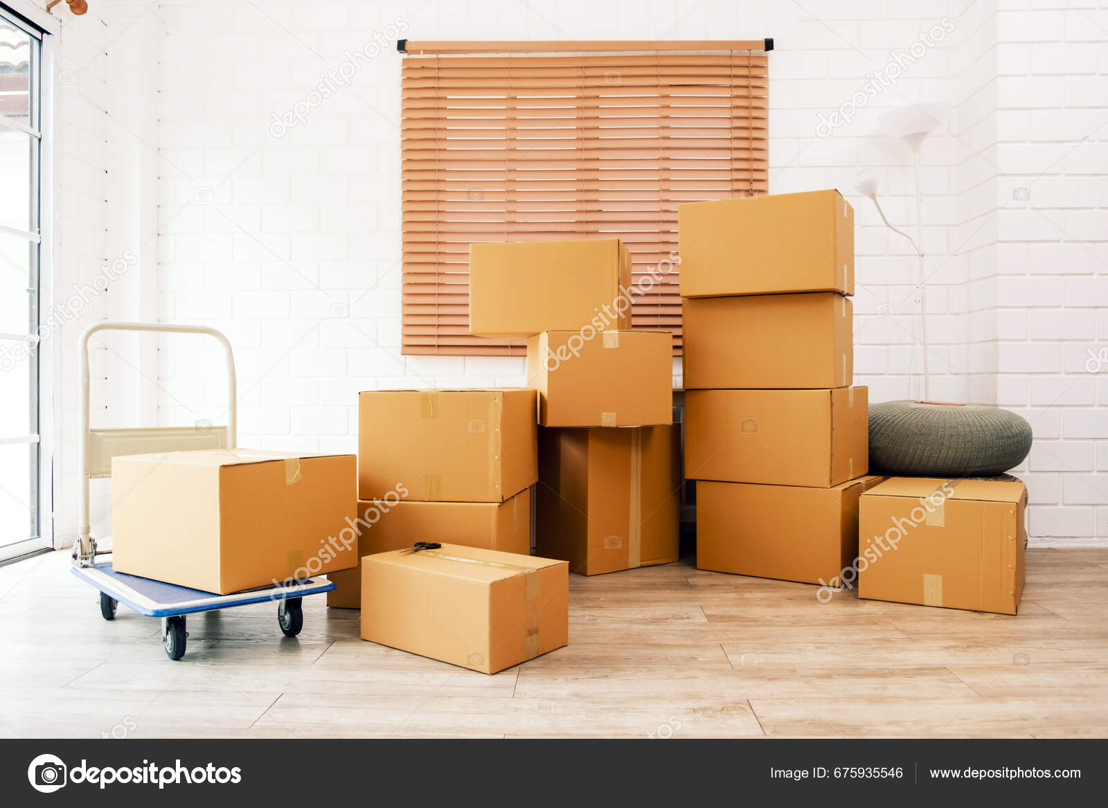 Boxes Parcels Stacked Living Room White Wall Wooden Floor New — Stock ...