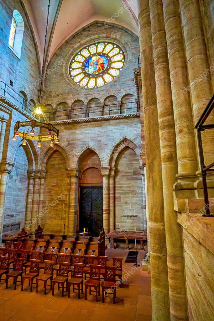 BASEL, SWITZERLAND - APRIL 1, 2022: The prayer chairs and round window ...