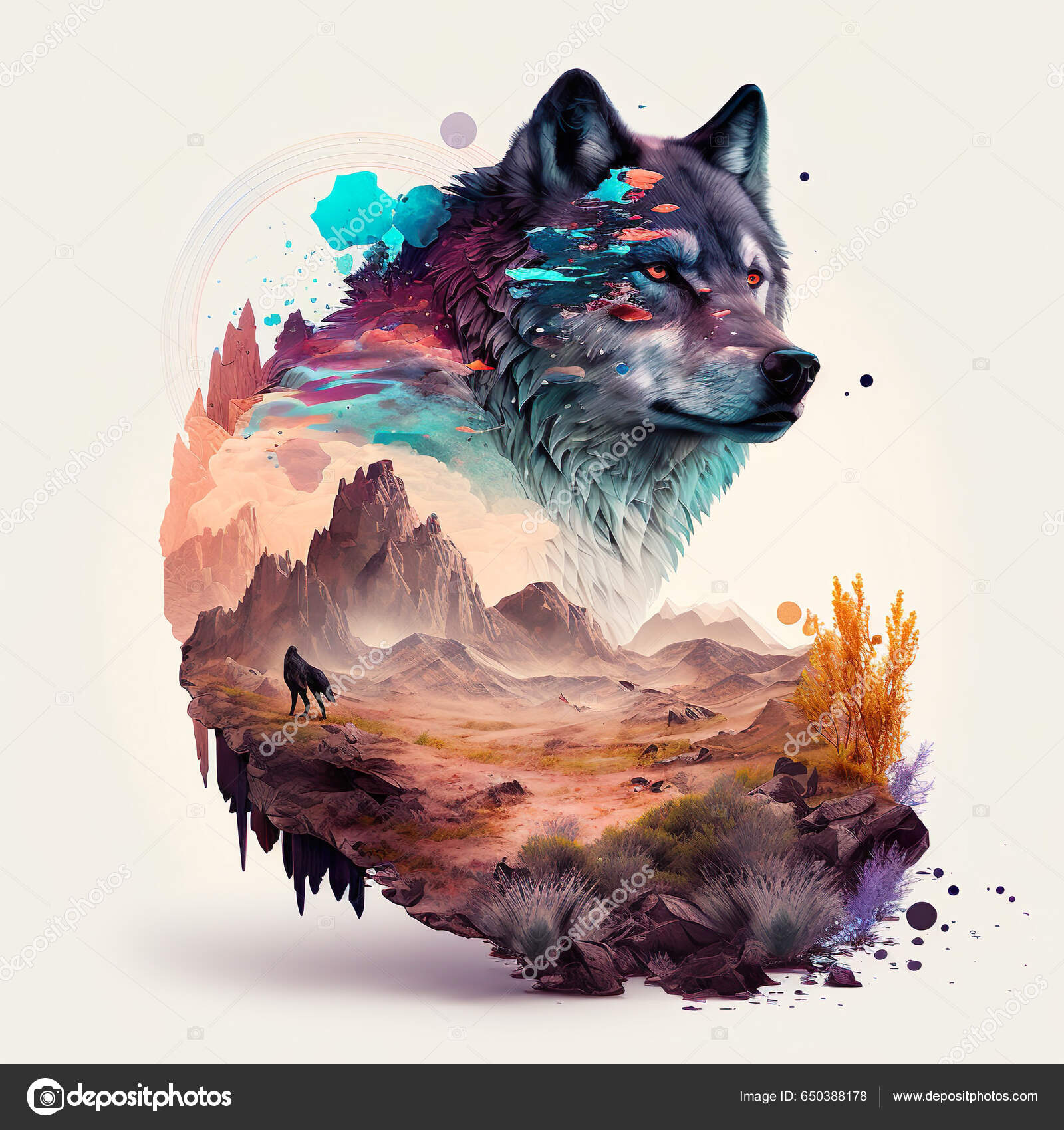 Surreal Psychedelic Vibrant Colorful Epic Wolf Animal Jungle Art Stock ...