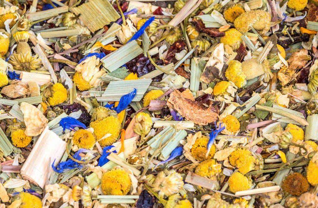 Alpine Field. Herbal tea with lemongrass, flowers and camomile. Top ...