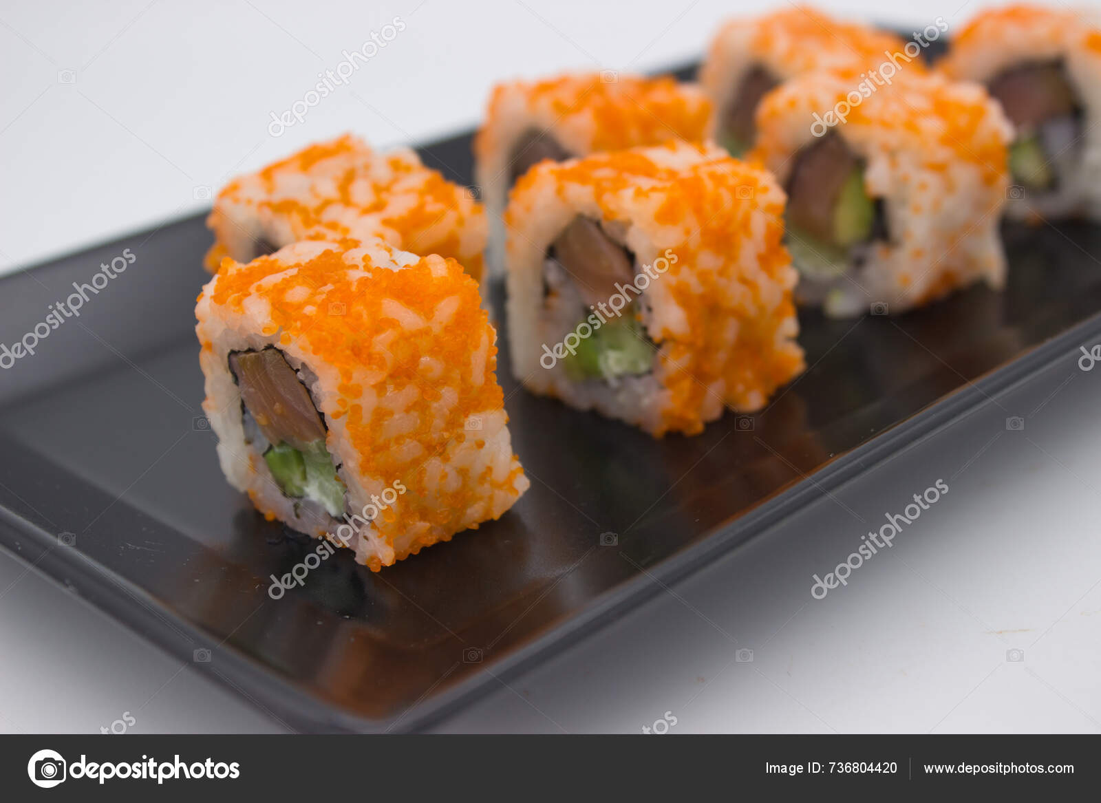Elegant Sushi Arrangement Matte Black Rectangular Plate Placed Soft ...
