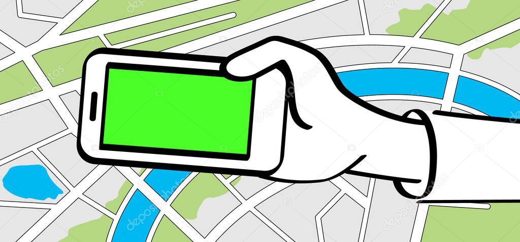 Chromakey, pantalla verde, mapa móvil con punteros pin. Teléfono ...