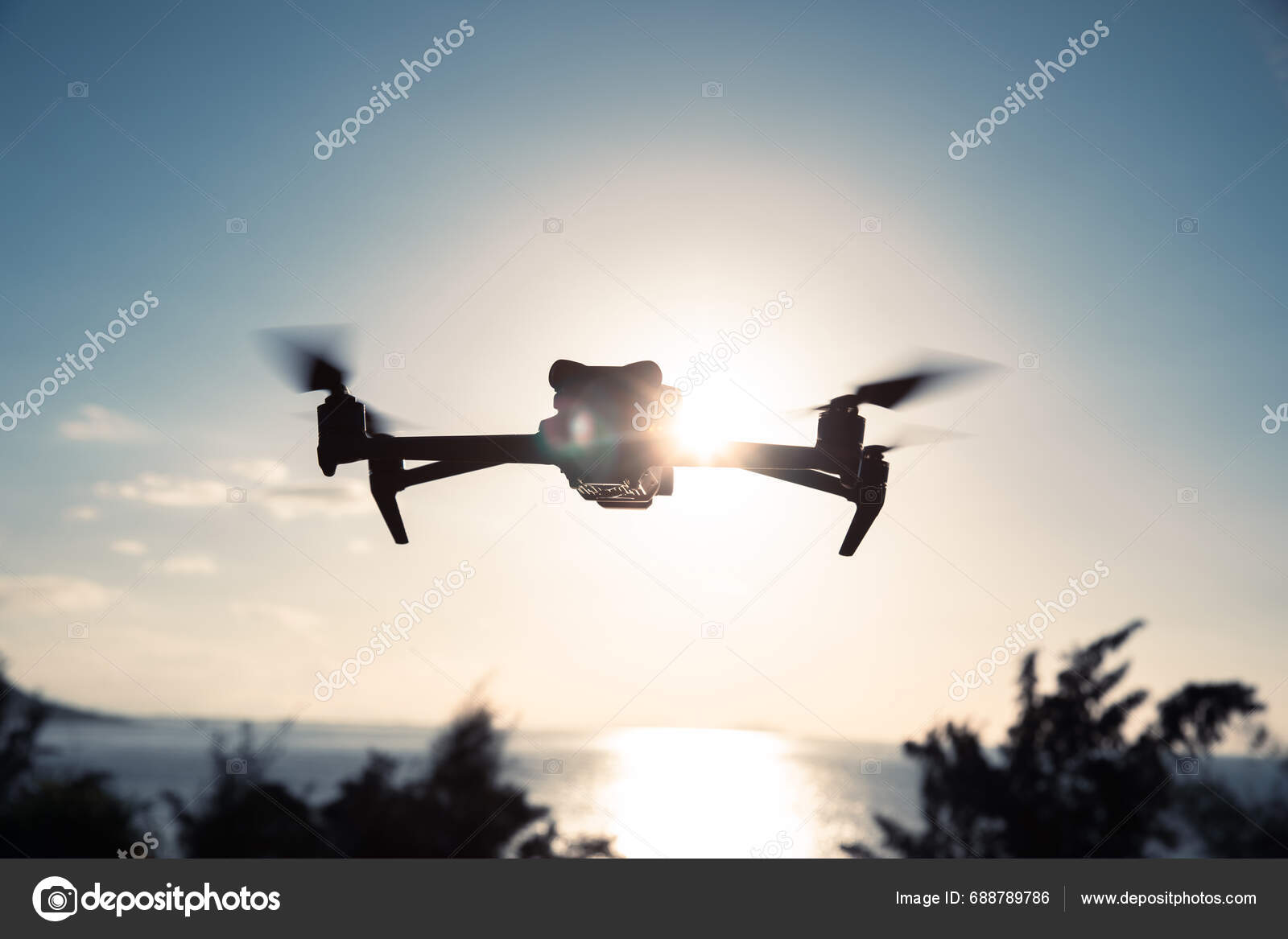 Silhouette Flying Drone Which Taking Photo Sunrise Sea — Stock Photo ...