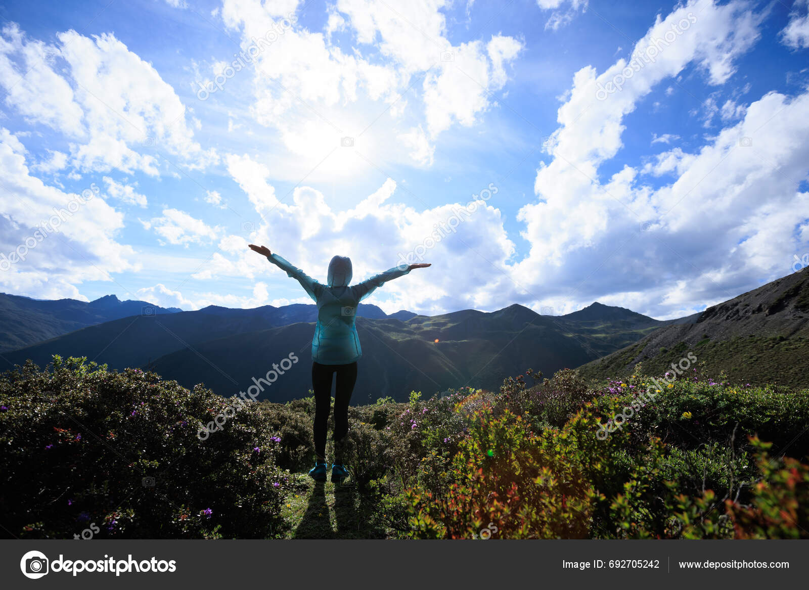 Successful Woman Outstretched Limbs High Altitude Mountain Peak — Stock ...