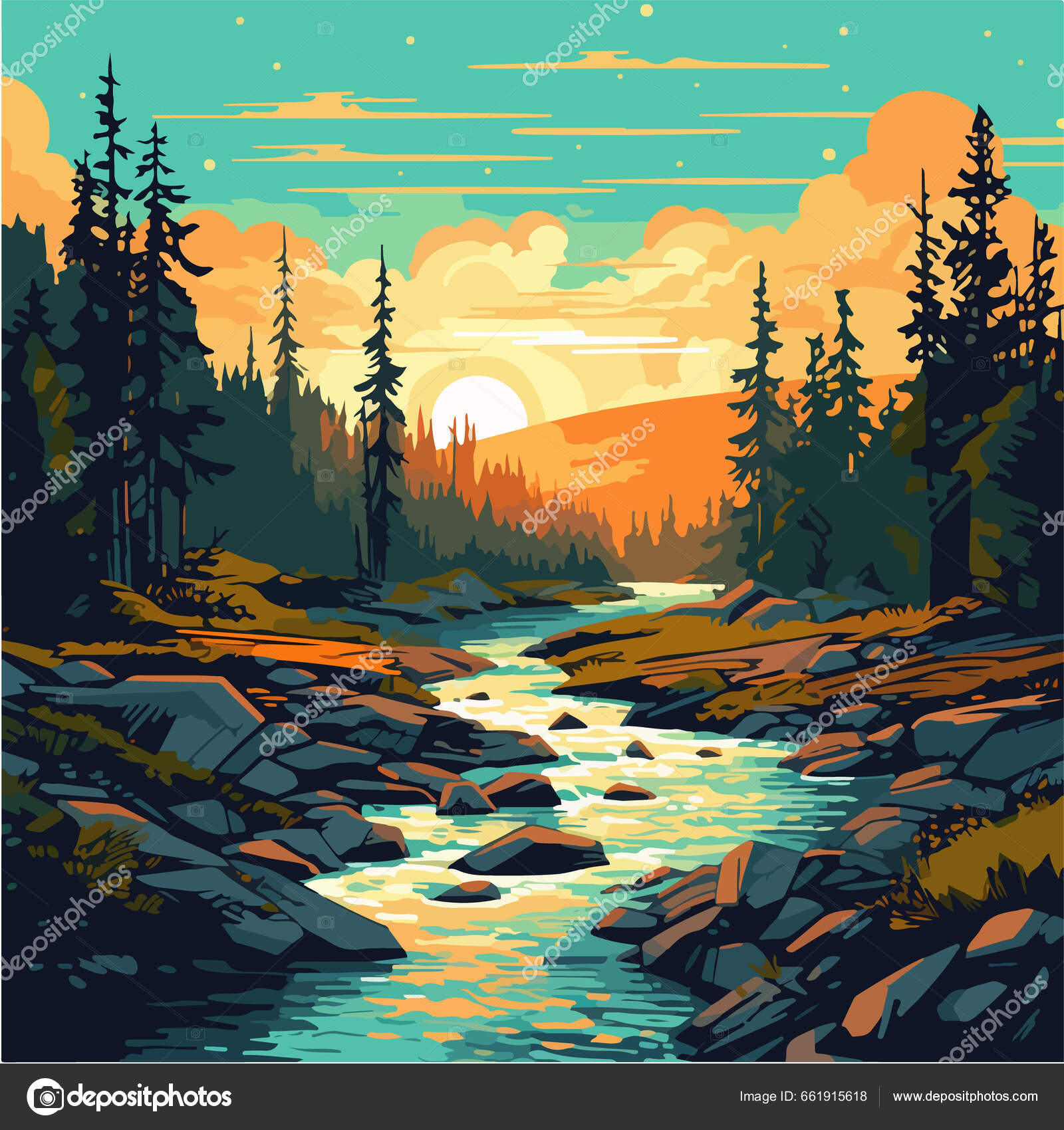 Pemandangan Gunung Yang Indah Dengan Sungai Dan Pohon Gambar Vektor Vektor Stok oleh ...