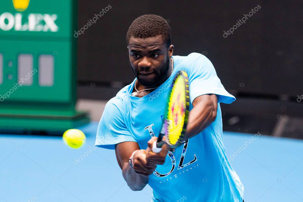 MELBOURNE, AUSTRALIA - JANUARY 13: Frances Tiafoe USA practices ahead ...