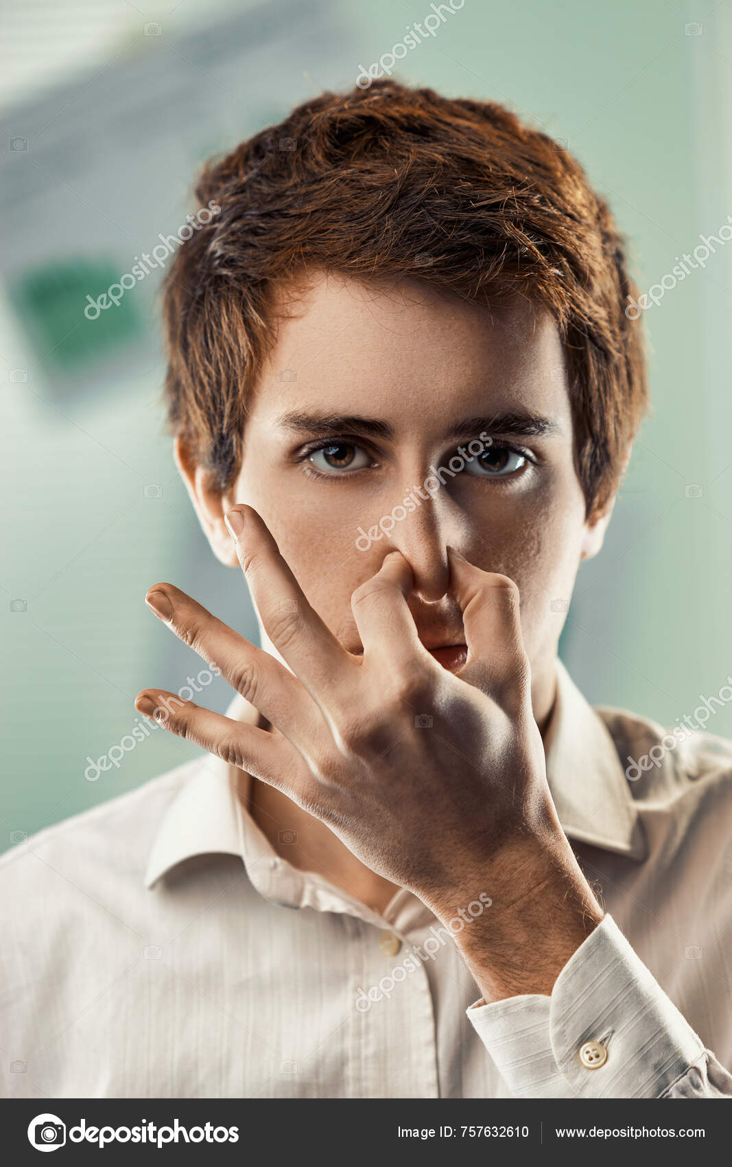 Businessman Pinching His Nose Closed His Fingers Showing Disgust Bad — Stock Photo © Giulio ...