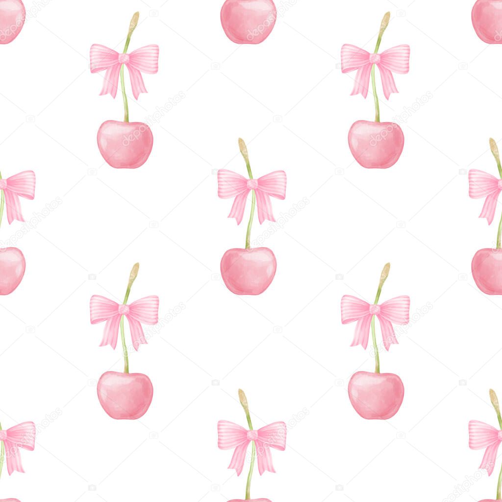 cereza con un lazo en el tallo. Patrón sin costuras de acuarela sobre ...