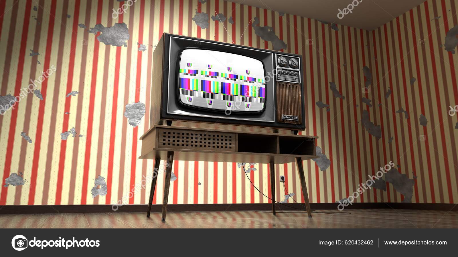 Retro Television Set Wallpaper Vertical Stripes Cracked Wall ...