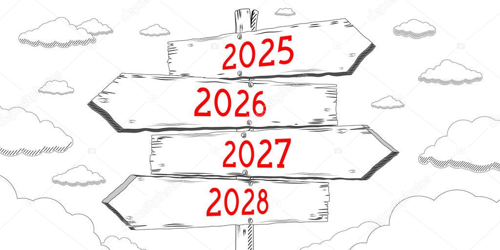 2025. 2026. 2027. 2028 - señal de contorno con cuatro flechas 2024