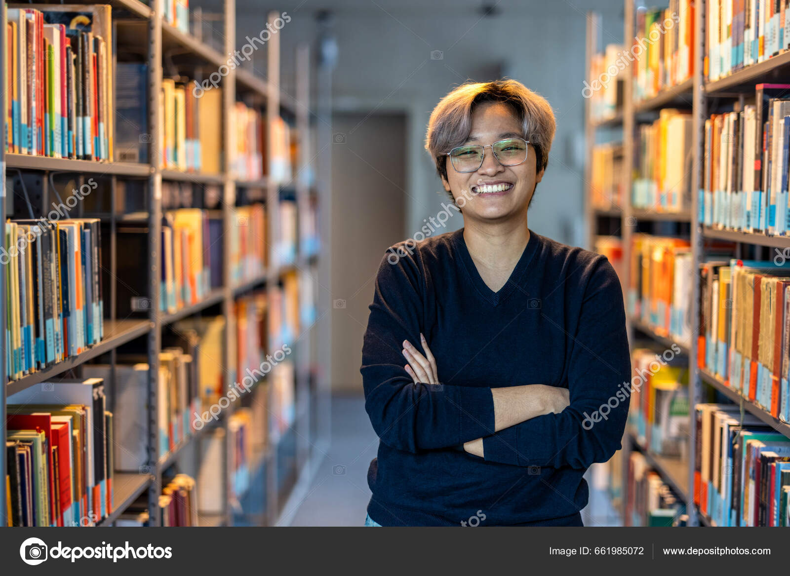 Portrait Smiling Asian Student Standing Arms Crossed College Library ...