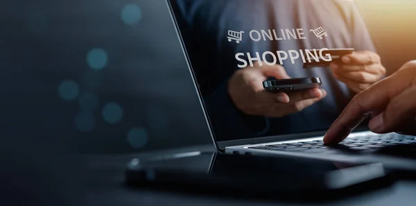 Shopping online payment concept. Man hand using computer for banking ...