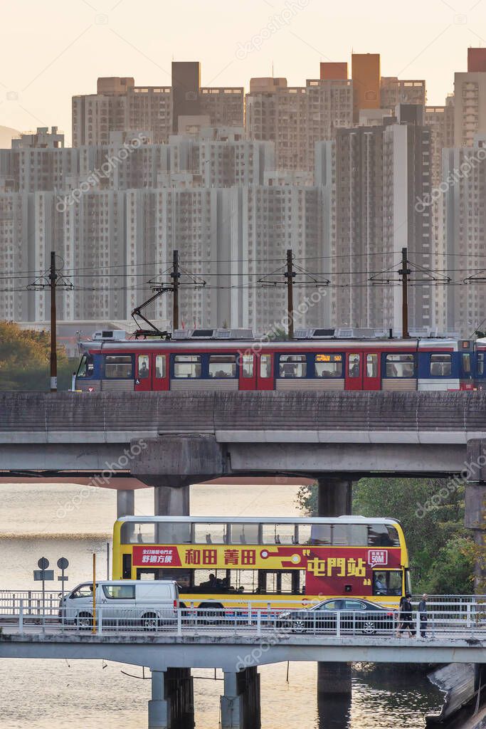Hong Kong, China - December 25 2022 : Light rail transit in Tuen Mun ...