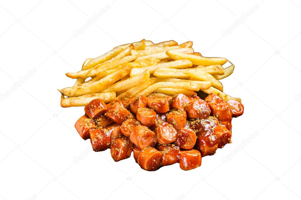 Comida alemana de currywurst, wurst de curry con papas fritas servidas ...