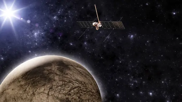 Clipper nave espacial en un paso elevado sobre la superficie de Europas ...