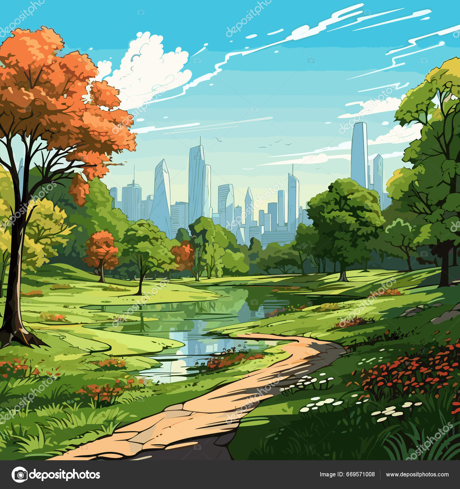 Central Park Hand Drawn Comic Illustration Central Park Vector Doodle ...