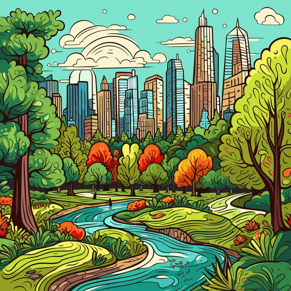 Central Park Hand Drawn Comic Illustration Central Park Vector Doodle ...