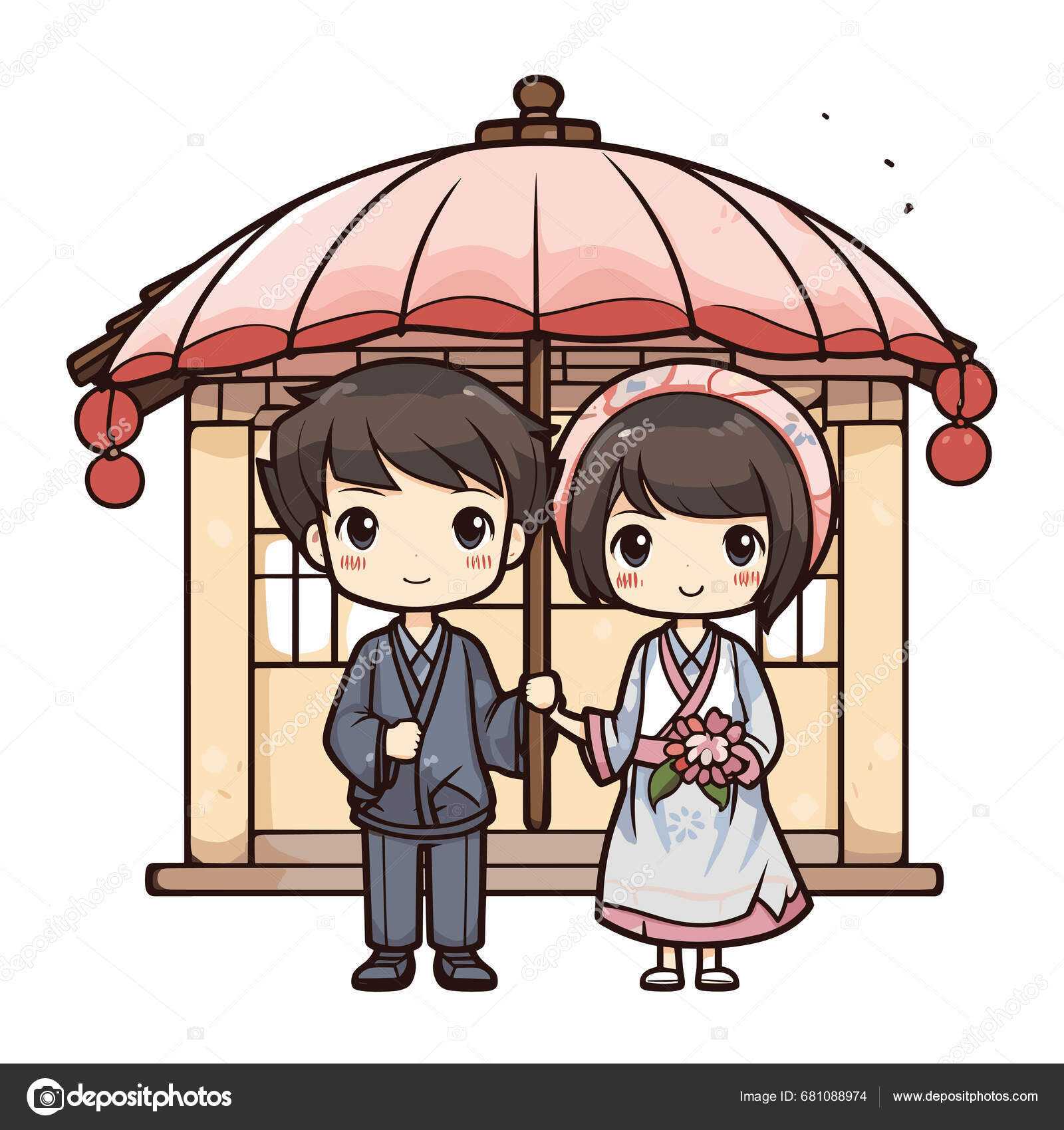 Japanisches Paar Handgezeichnete Comic Illustration Cartoon ...