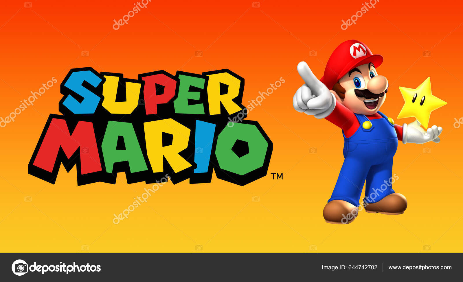 Super Mario Bros Apuntando Dedo Sobre Fondo Naranja Con Logo ...
