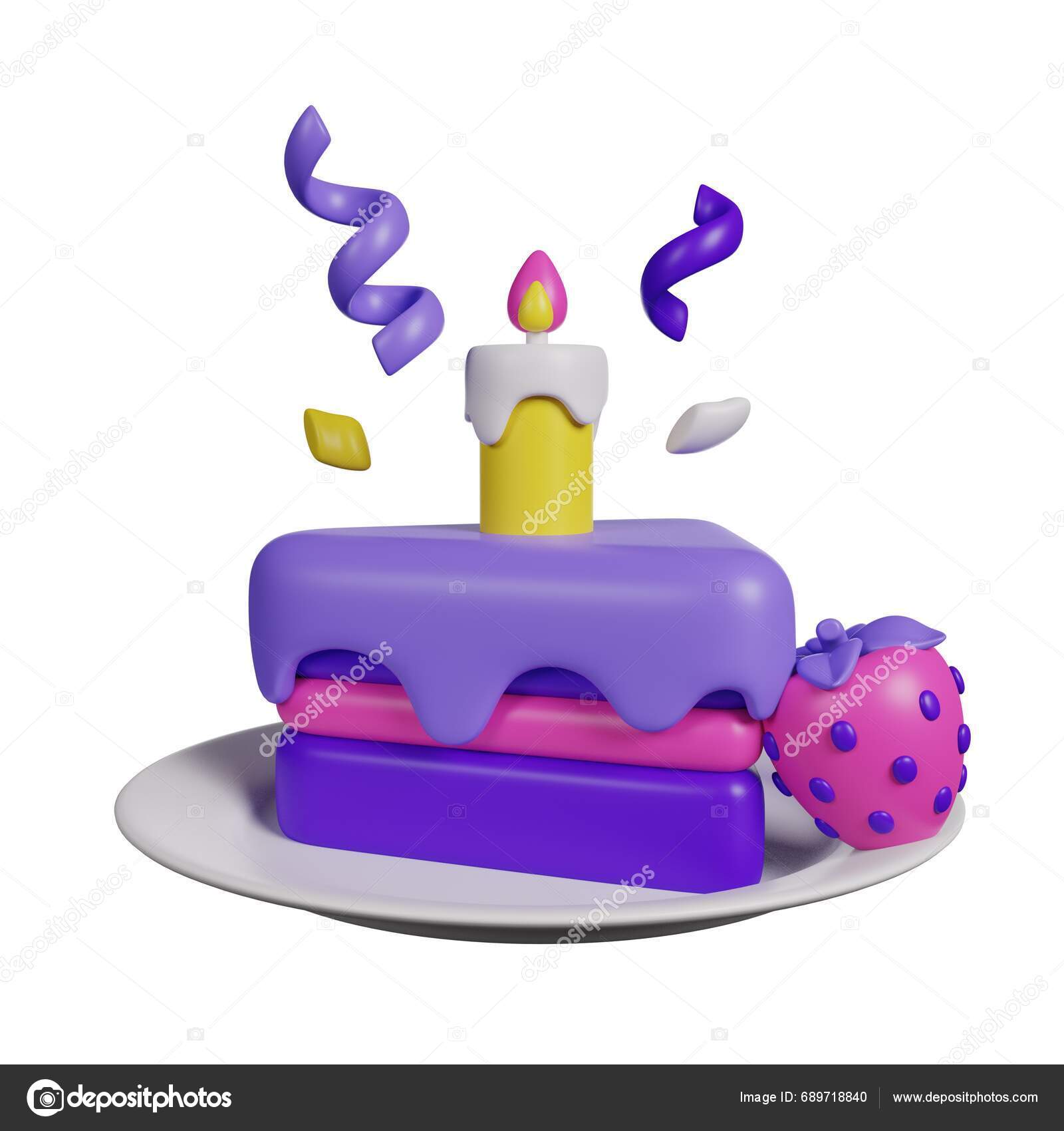 Piece Birthday Cake One Canble Confetti Render Icon — Stock Photo ...