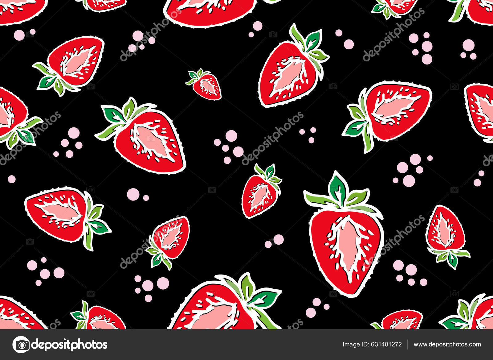 Simple Pattern Strawberries Black Background Ripe Strawberries White ...