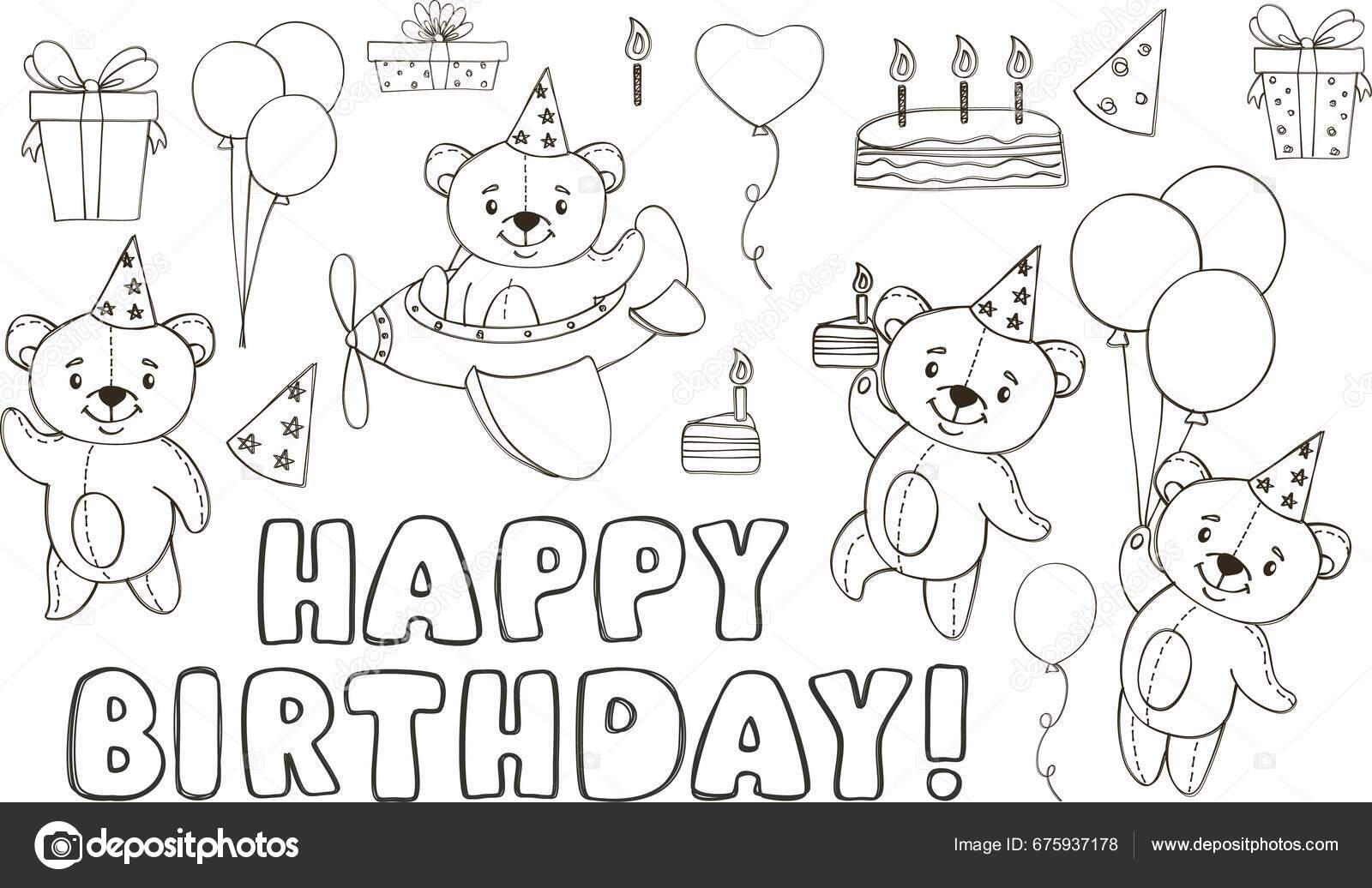 Vector Linear Children Illustration Cute Bears Celebrating Birthday ...