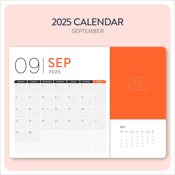 Calendario Septiembre 2025 plantilla vector. Escritorio, calendario de ...
