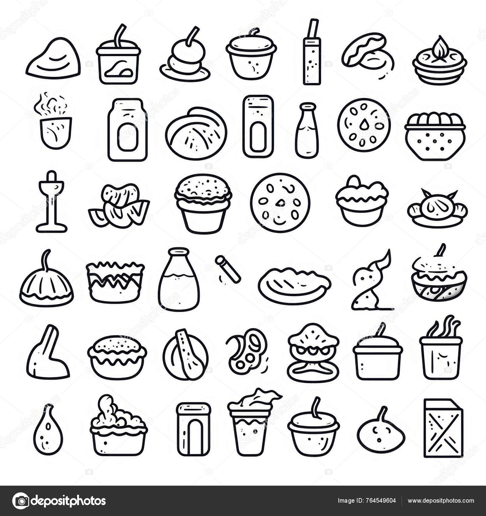 Diverse Collection Hand Drawn Food Icons Featuring Sweet Savory Items ...