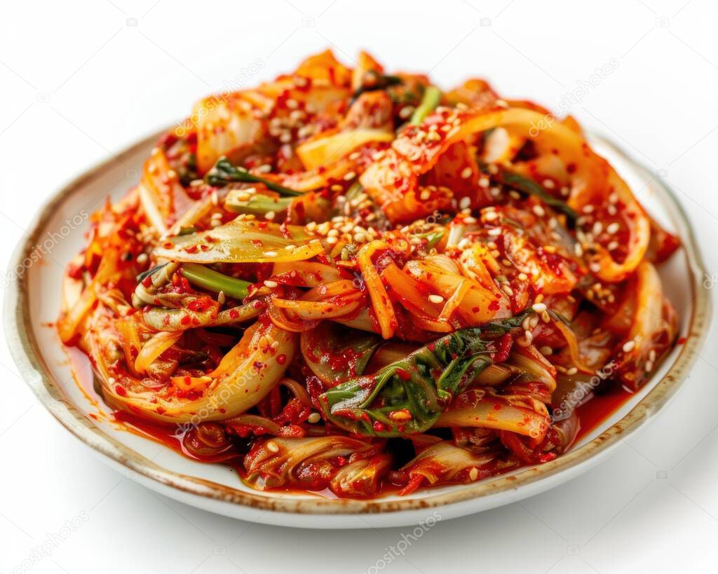 Un plato vibrante de kimchi coreano, mostrando verduras frescas ...