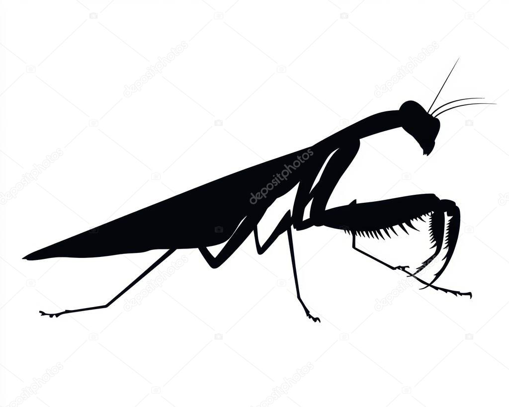 Una silueta llamativa de una mantis negra sobre un fondo blanco ...