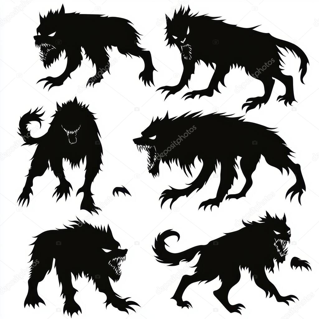 Colección de siluetas de lobos feroces, mostrando varias posturas y ...