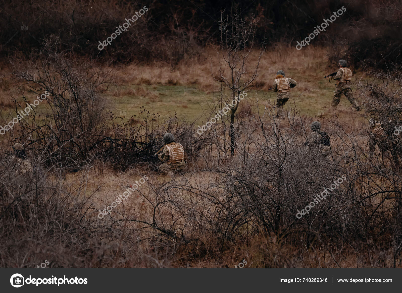 Group Soldiers Armed Dispersed Move Strategically Open Terrain Military ...