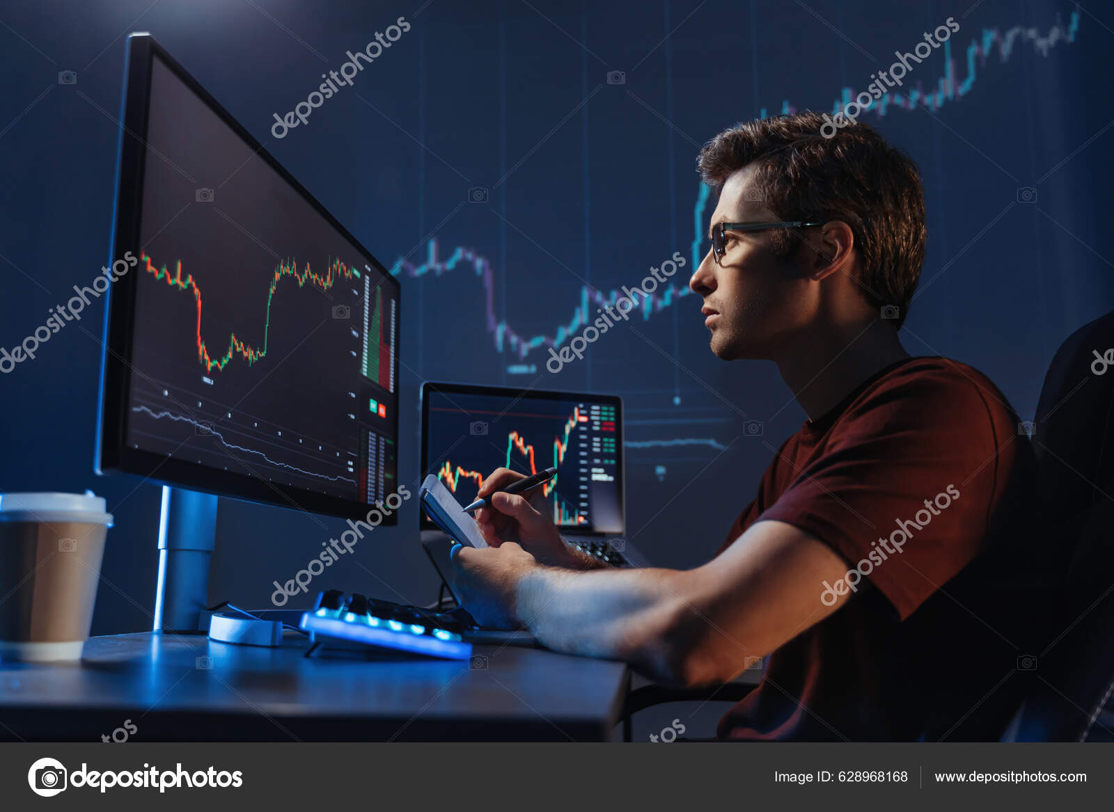 Side View Young Man Trader Analyst Working Table Analyzing Financial ...