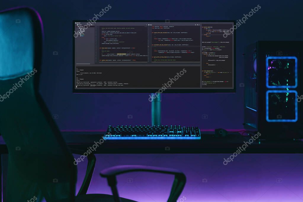 Empty Programming Workspace With Big Monitor Screen Shows Code Professional Coder Desk In Neon