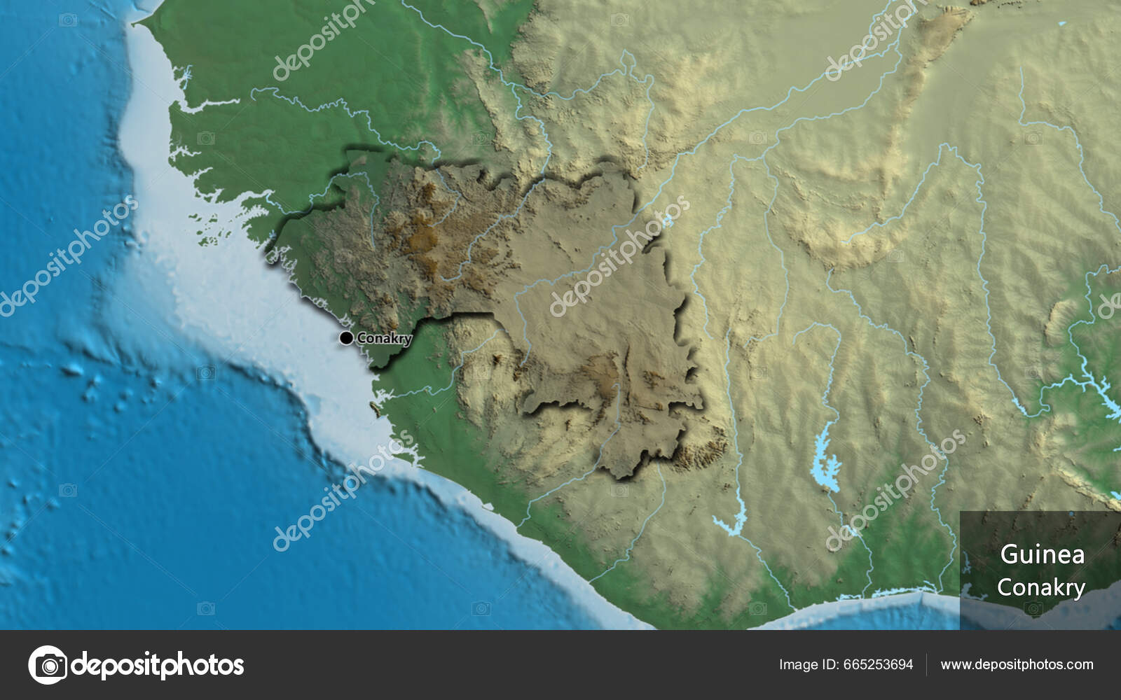 Close Guinea Border Area Highlighting Dark Overlay Relief Map Capital ...