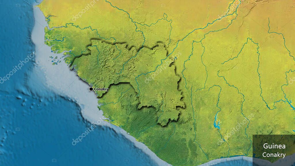 Primer plano de la zona fronteriza de Guinea en un mapa topográfico ...