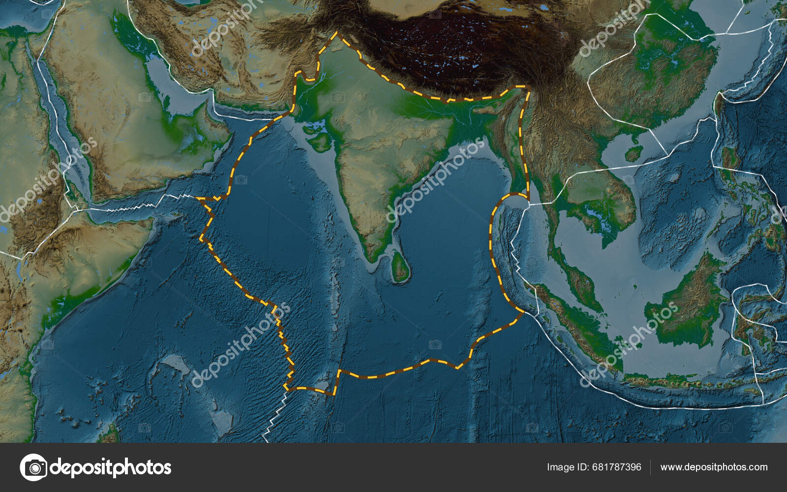 Area Indian Tectonic Plate Marked Dashed Line Colored Elevation Map ...