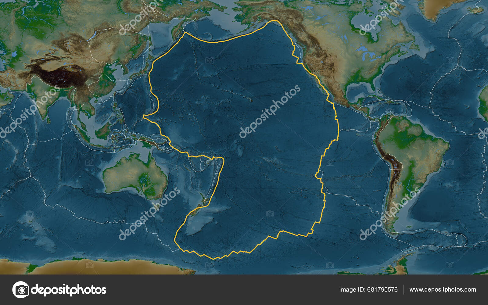 Area Pacific Tectonic Plate Marked Solid Line Colored Elevation Map ...