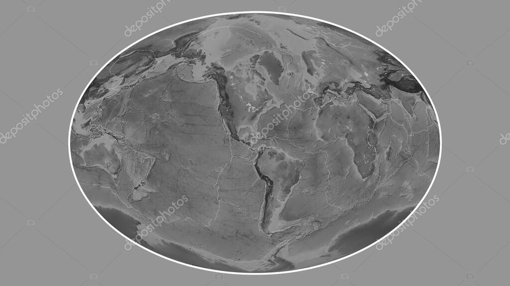 Mapa de elevación a escala de grises del mundo en la proyección de ...