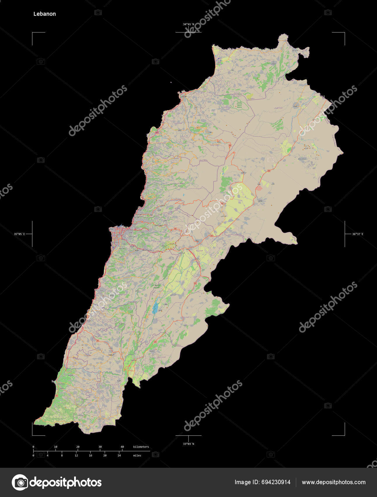 Shape Topographic Osm Standard Style Map Lebanon Distance Scale Map ...