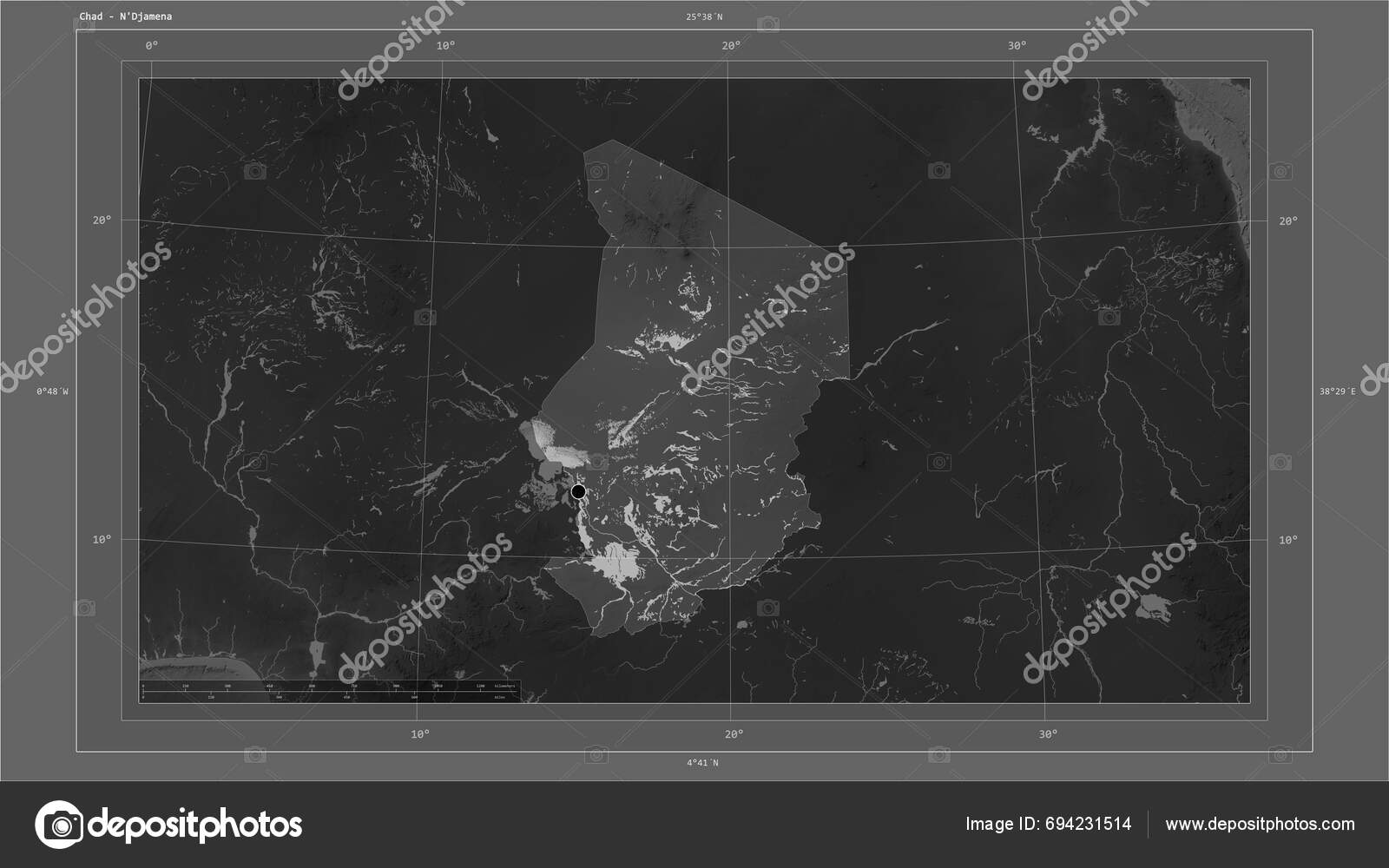 Chad Highlighted Grayscale Elevation Map Lakes Rivers Map Country's ...