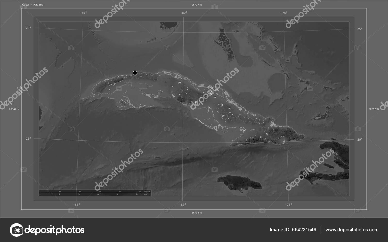Cuba Highlighted Grayscale Elevation Map Lakes Rivers Map Country's ...